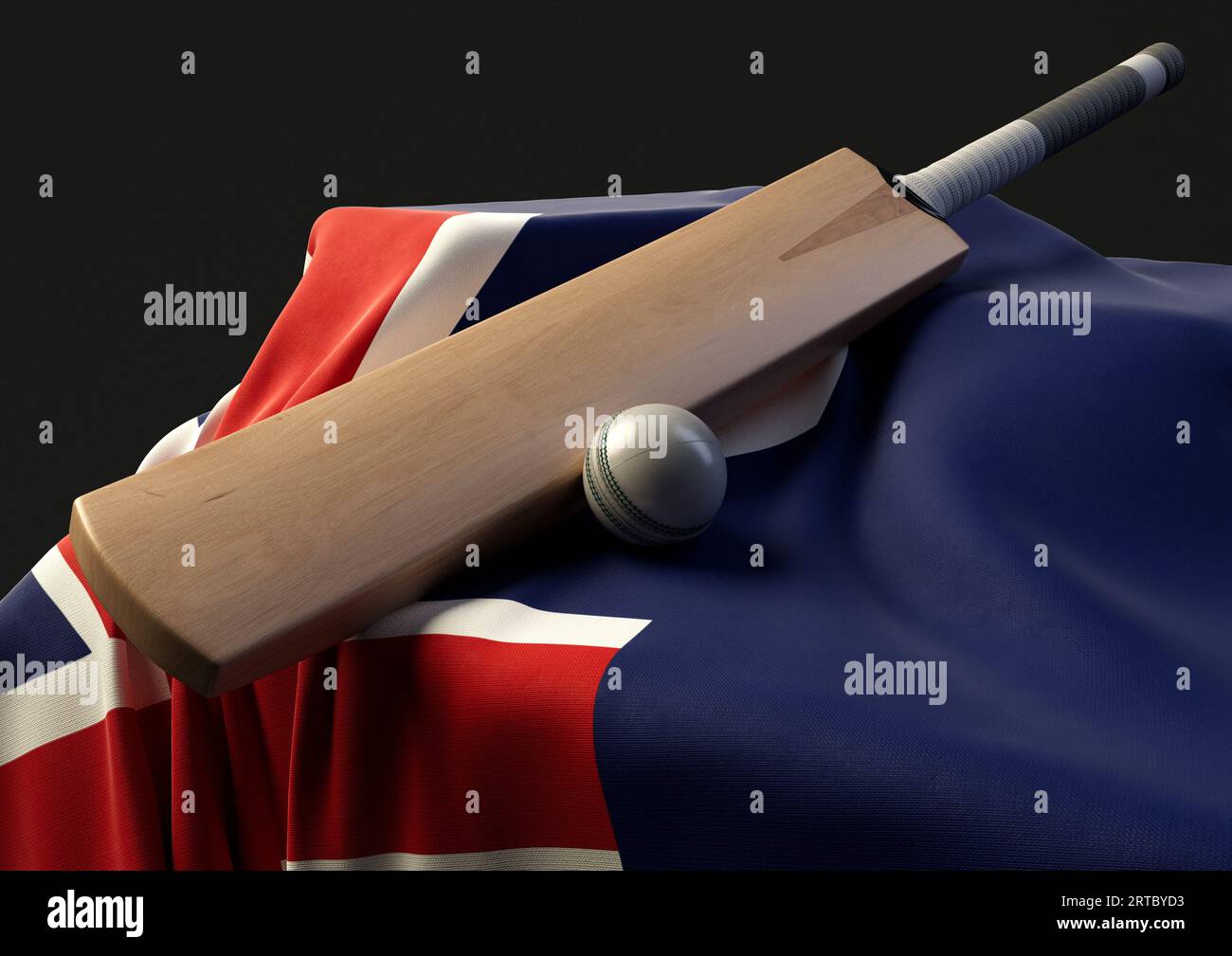 A plinth with a cricket ball and bat resting on a draped New Zealand ...