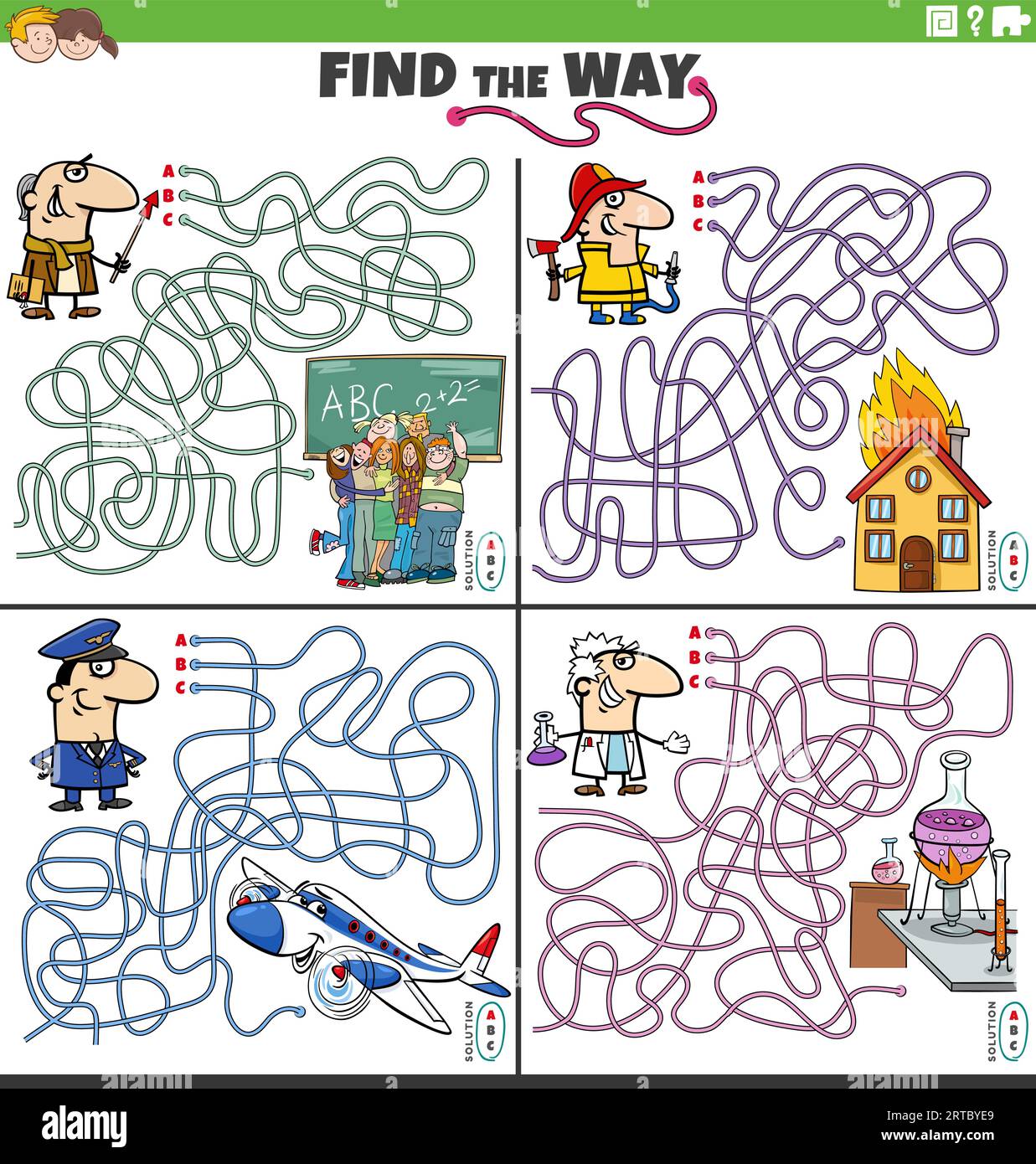 Cartoon illustration of find the way maze puzzle games set with people ...