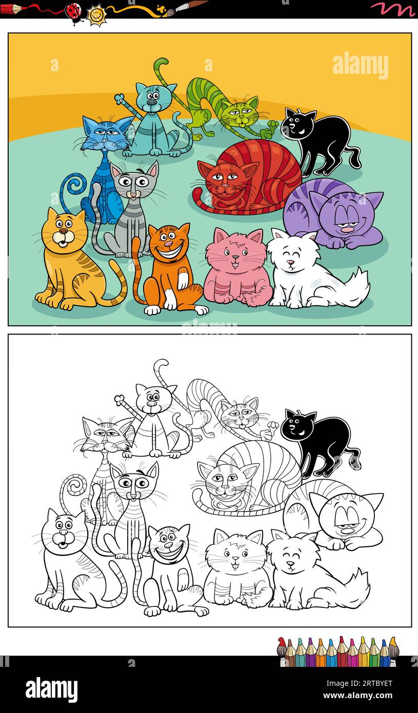 Cartoon illustrations of funny colorful cats and kittens animal ...