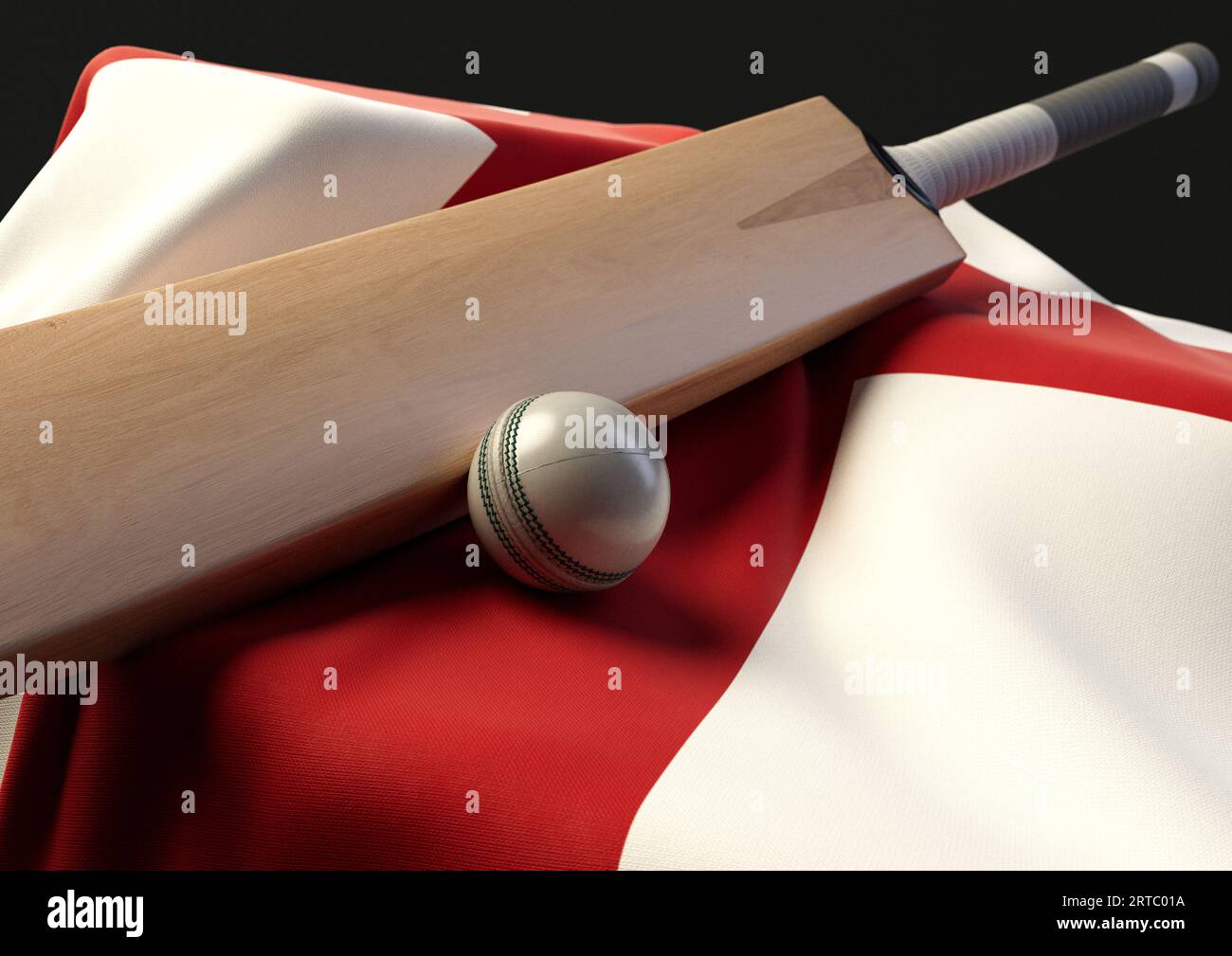 A plinth with a cricket ball and bat resting on a draped England flag ...