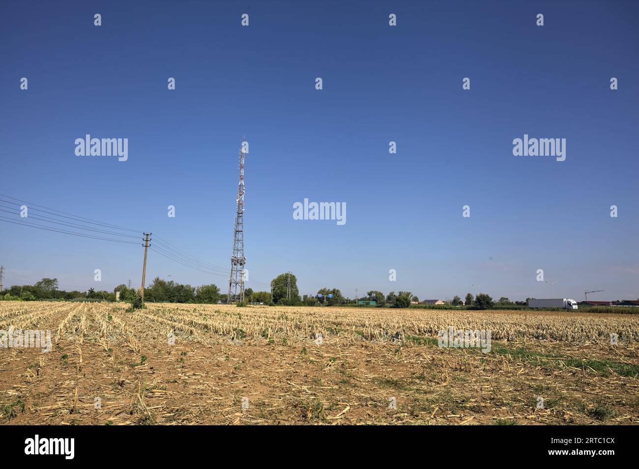 Mowed corn field next to a road with wooden pylons and a radio antenna ...