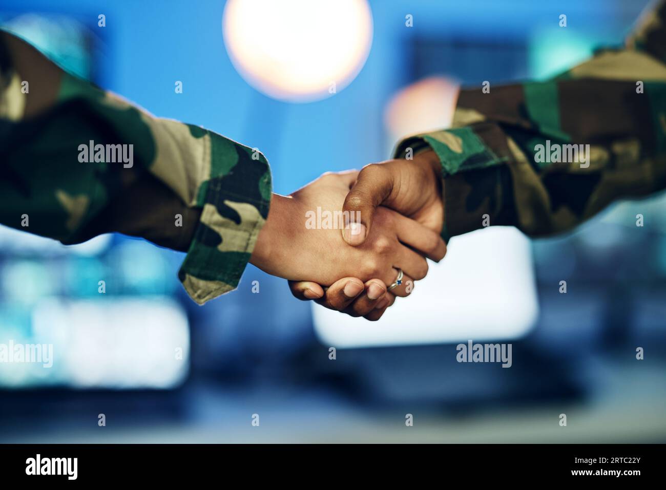 Military, army or shaking hands for partnership, teamwork or deal in ...