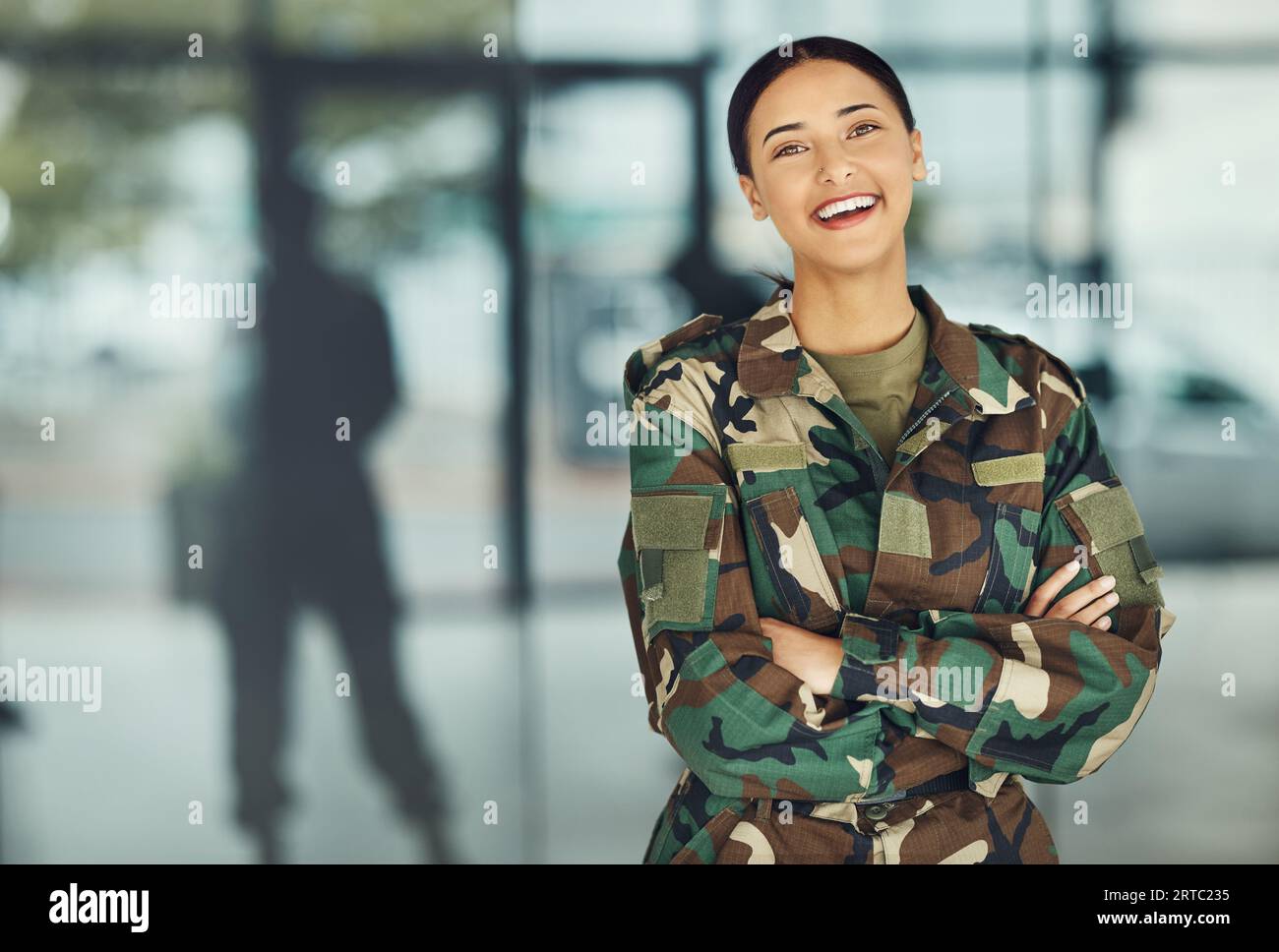 Portrait of woman soldier with smile, confidence or pride, outside army ...