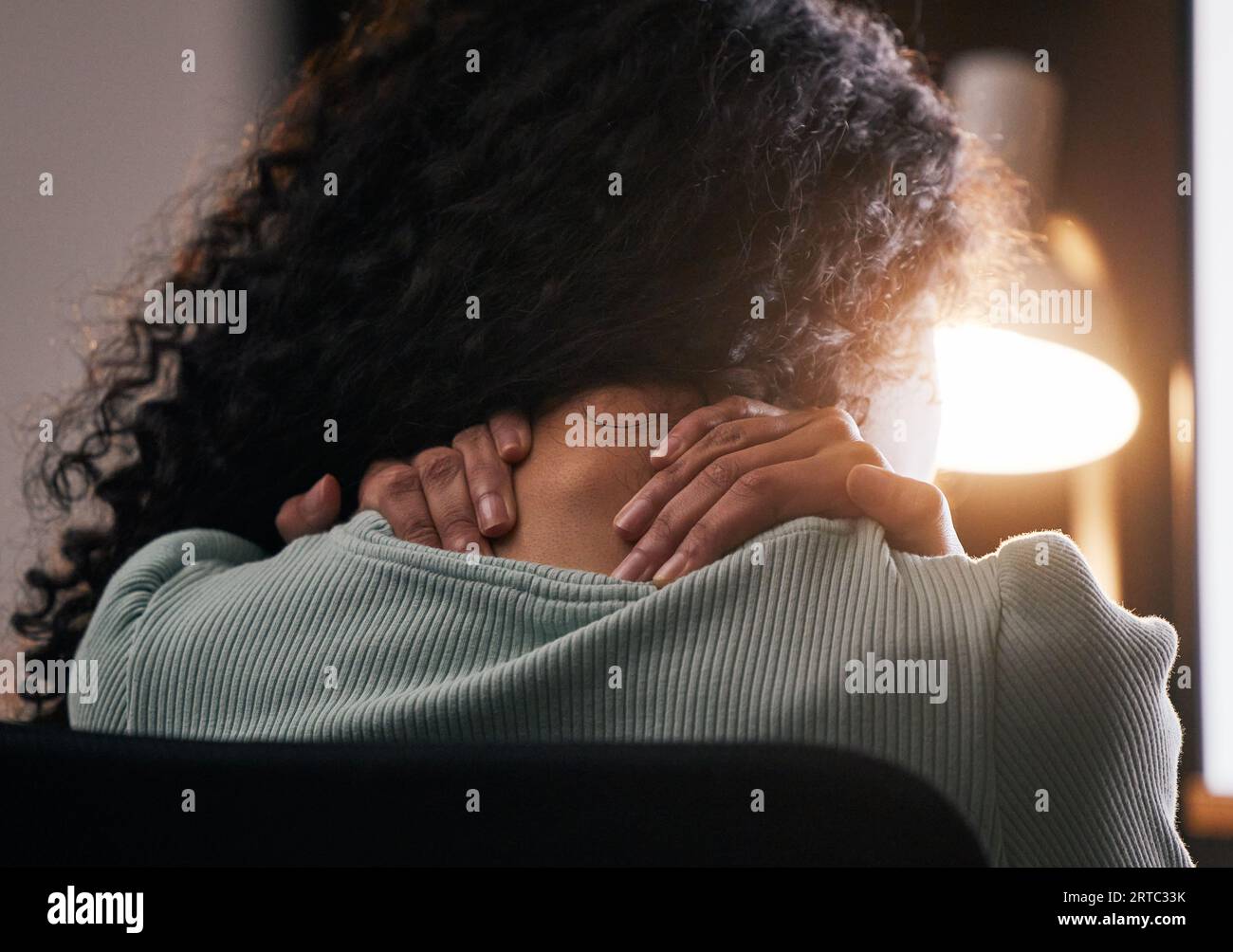 Neck pain, back and woman with stress, anxiety and work burnout in ...