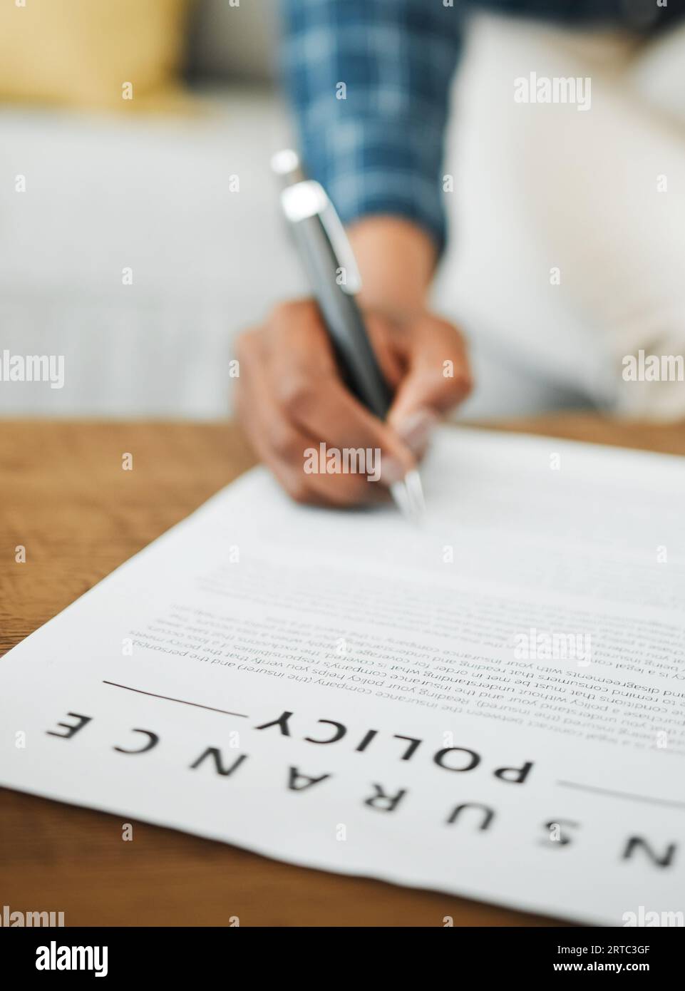 Hand, signature and contract for insurance, policy and woman with legal ...