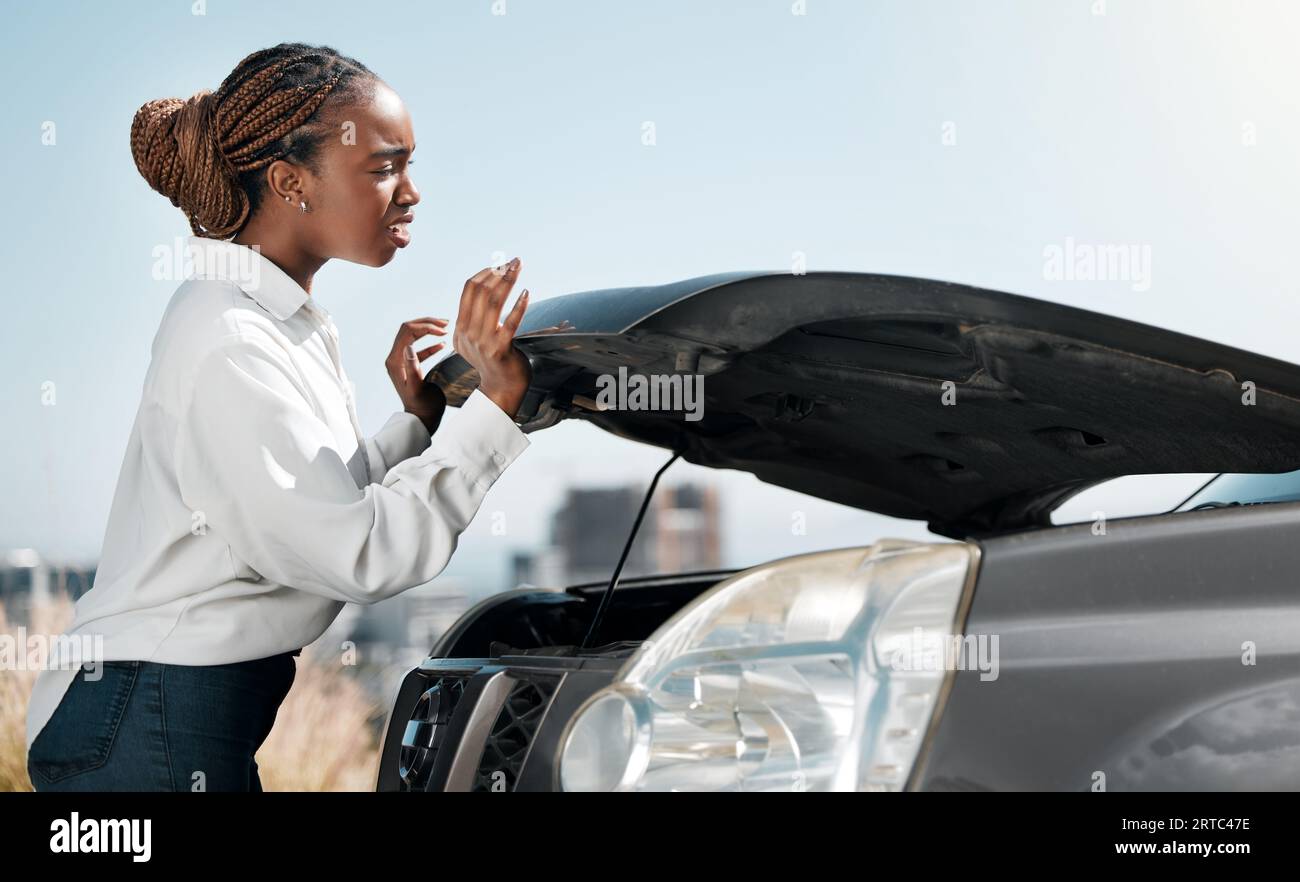 Car problem, road or angry black woman late for work from engine crisis ...