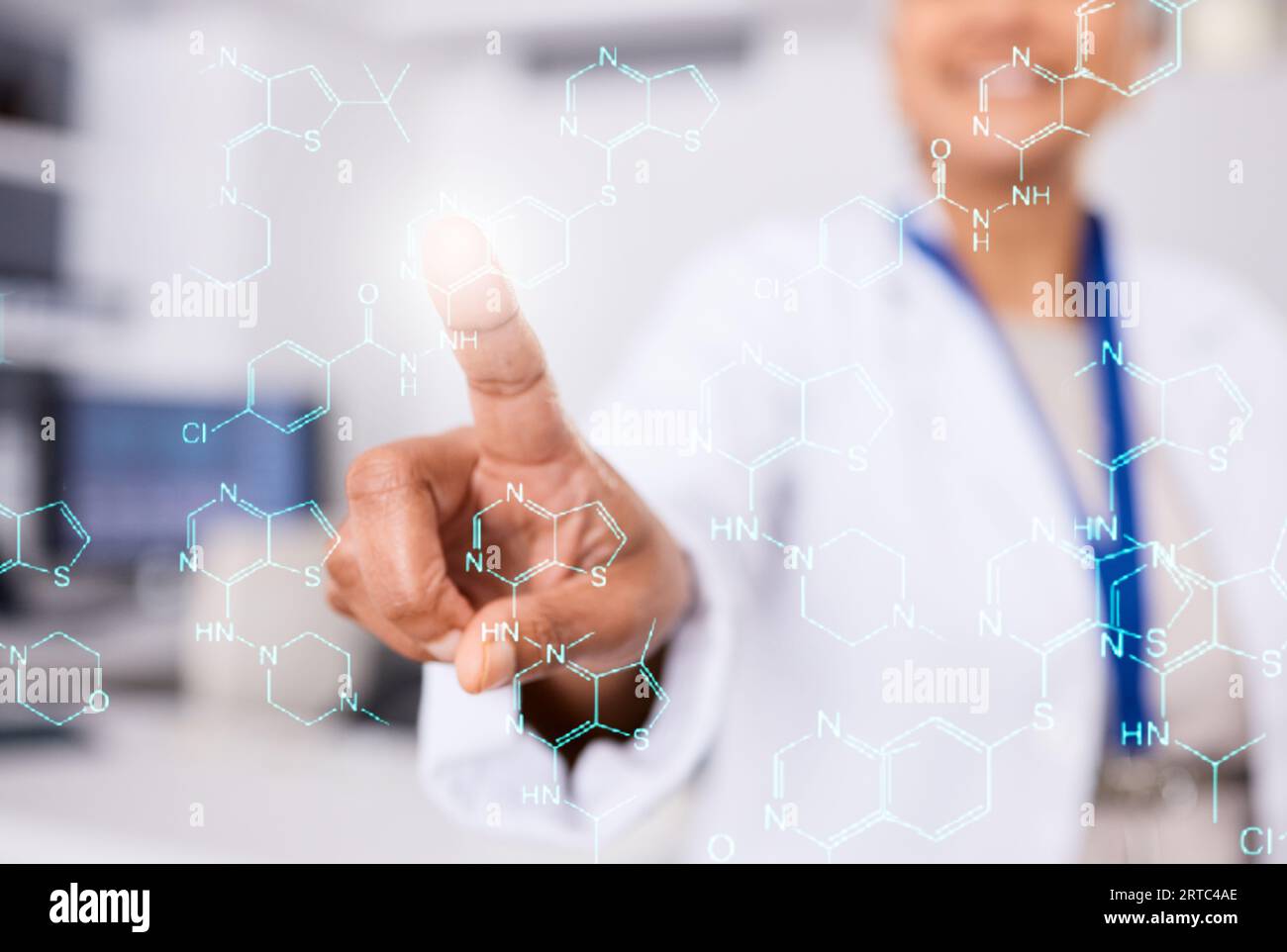 Hand, press screen and chemistry formula, overlay and person in ...