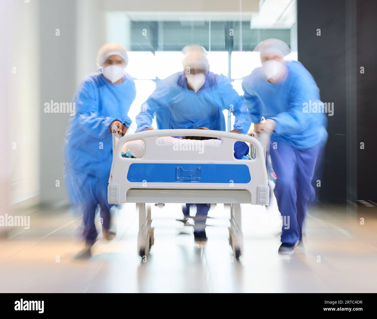 Running, bed and surgeon team, healthcare expert or group speed for ...