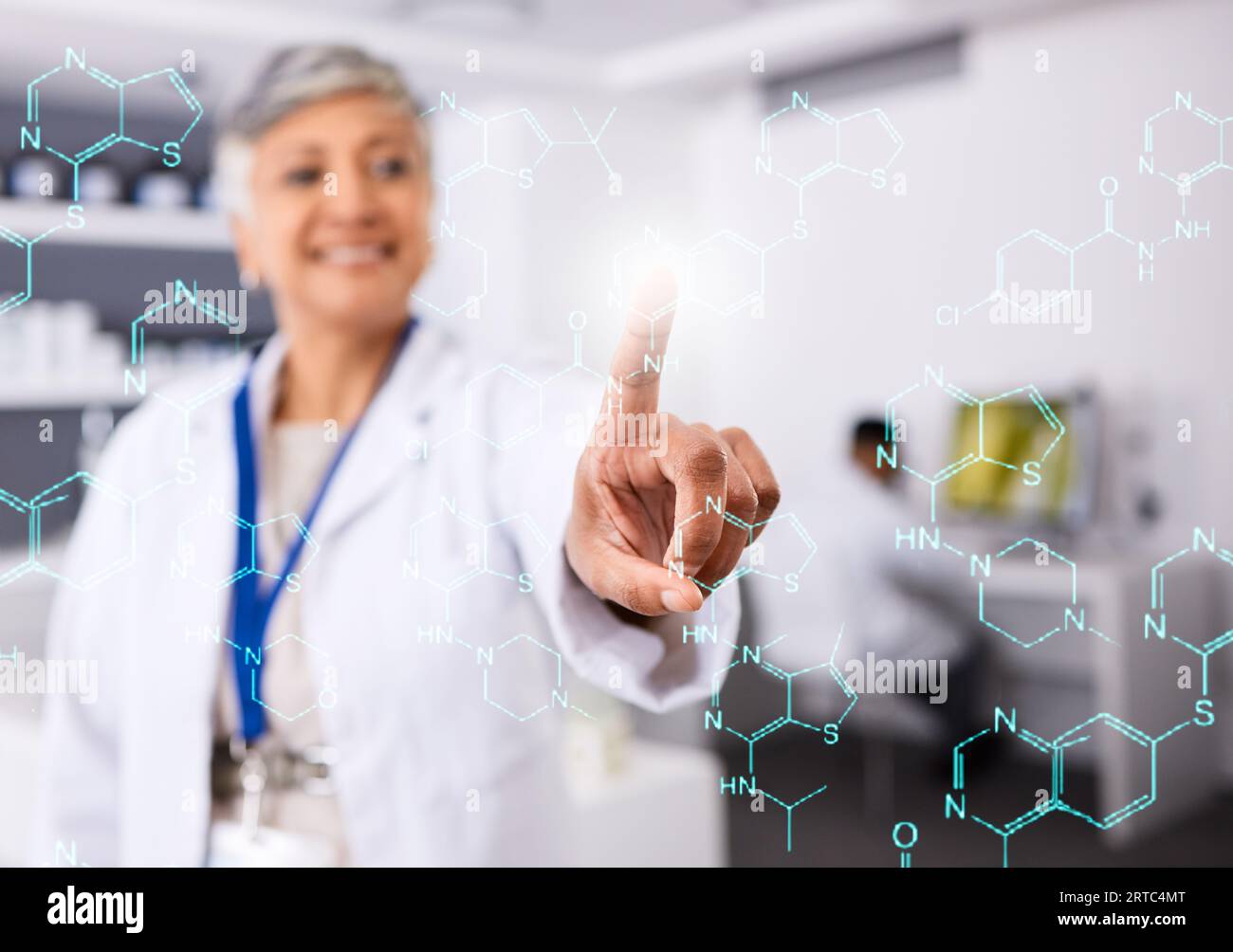 Hand, press screen and chemistry equation, overlay and woman in ...