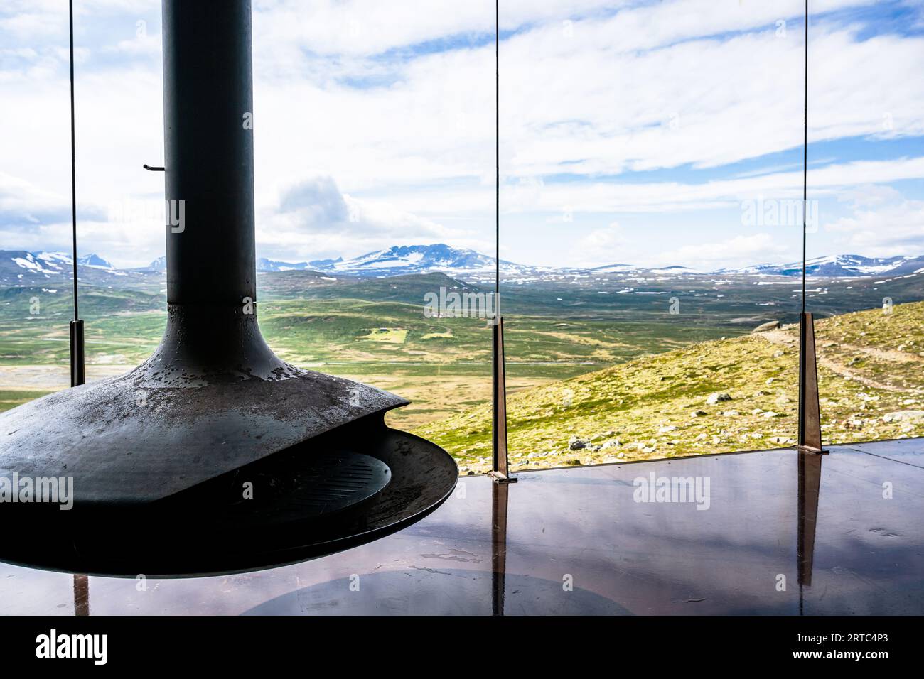 Interior view with fire pit and view at Snoehetta Viewpoint, Hjerkinn ...