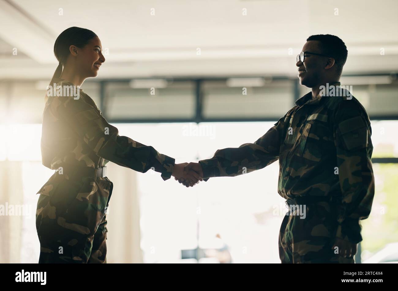 Meeting, army or soldiers shaking hands for partnership, teamwork or ...