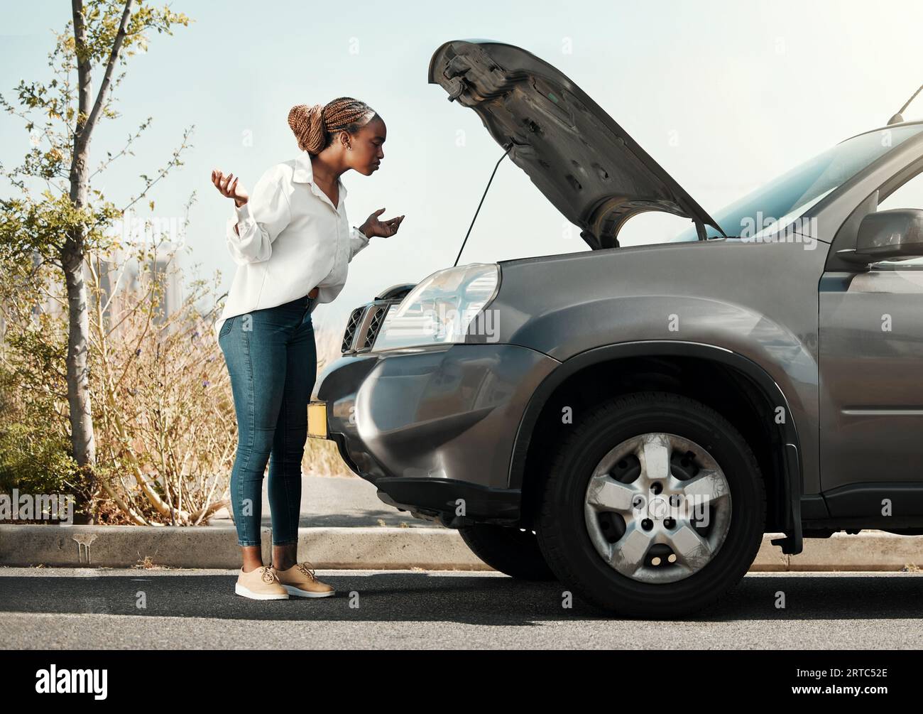 Stress, broken car and black woman in the road with frustration for ...