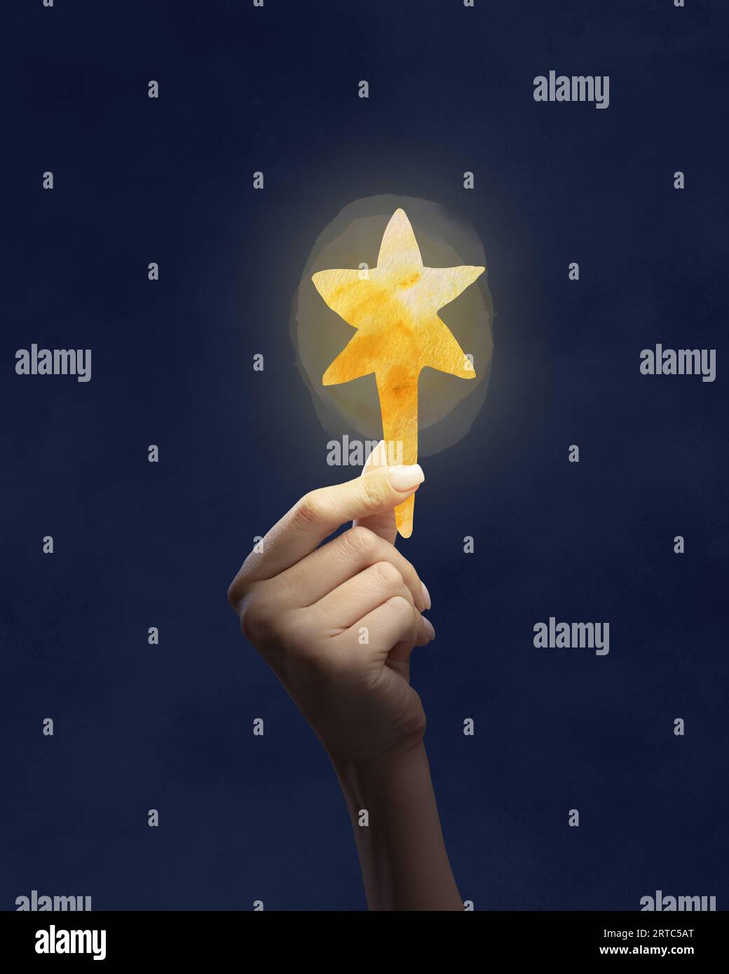 Poster. Contemporary art collage. Hand holding First Star isolated over ...
