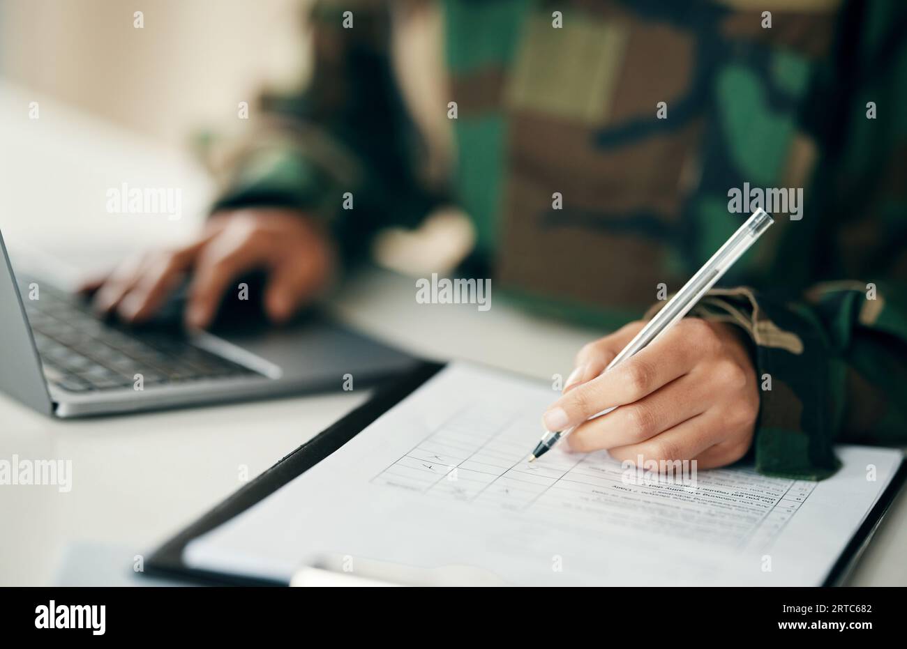 Sign, military or hands writing on application or contract, form ...