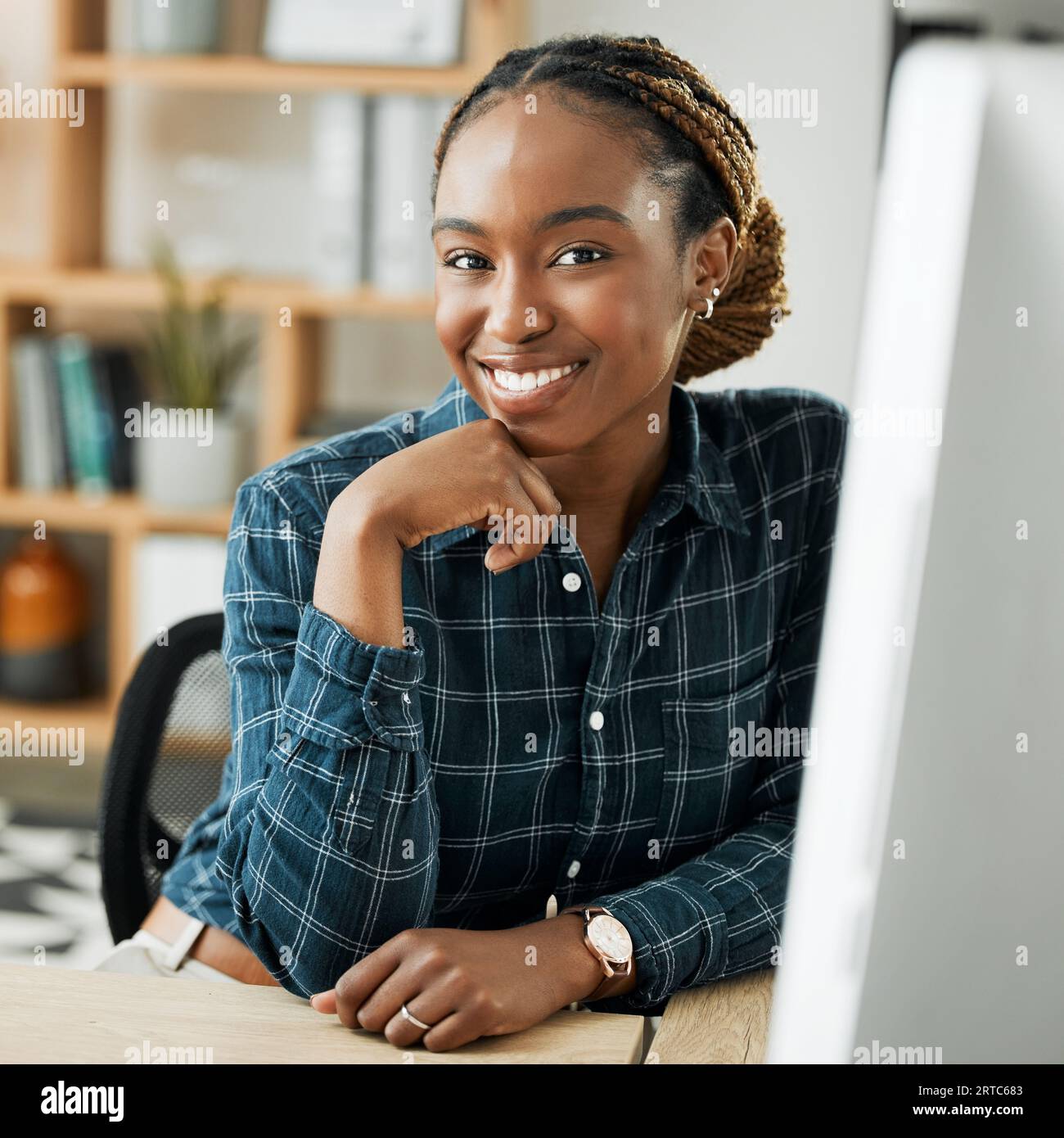 Portrait, business and black woman with a computer, smile and confident ...