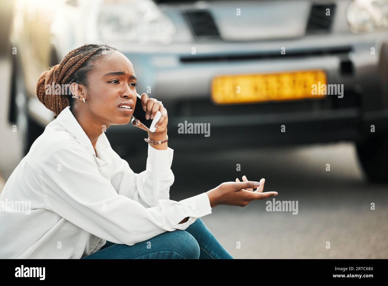 Car insurance, phone call or black woman on road with stress, anxiety ...