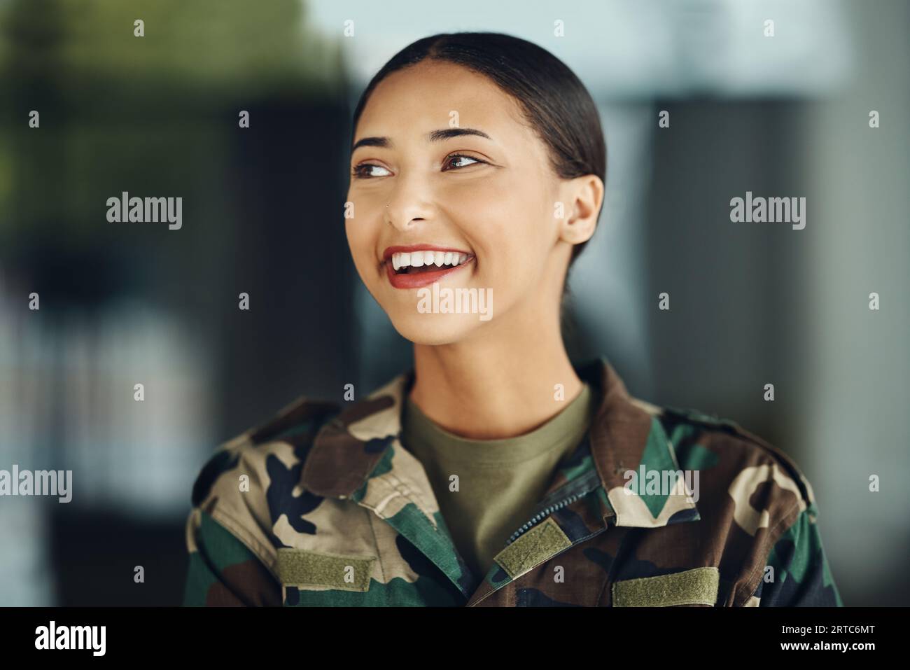 Happy woman soldier with confidence, camouflage and pride, relax ...