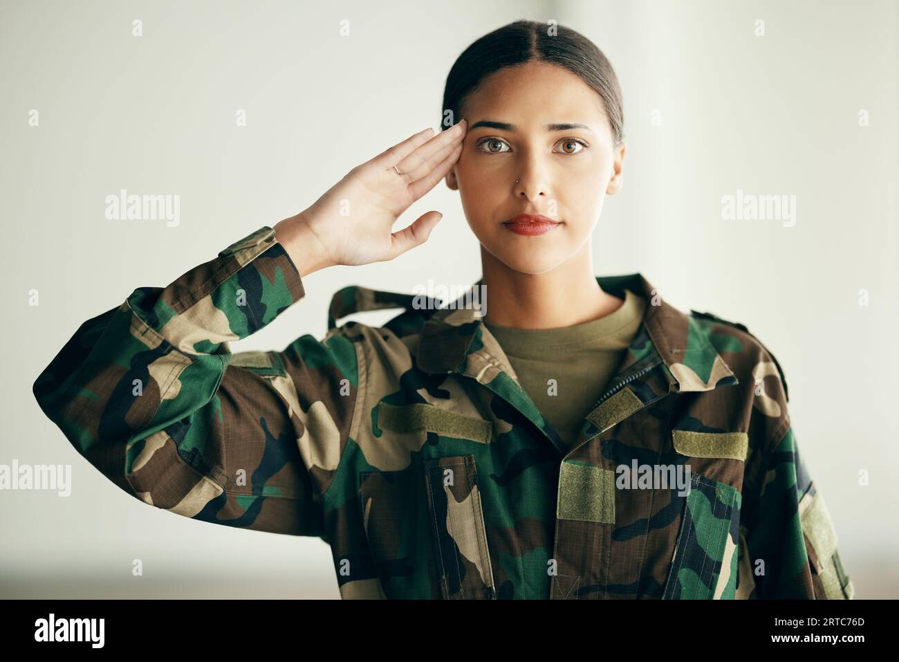Portrait of woman soldier with salute, confidence and pride in army ...