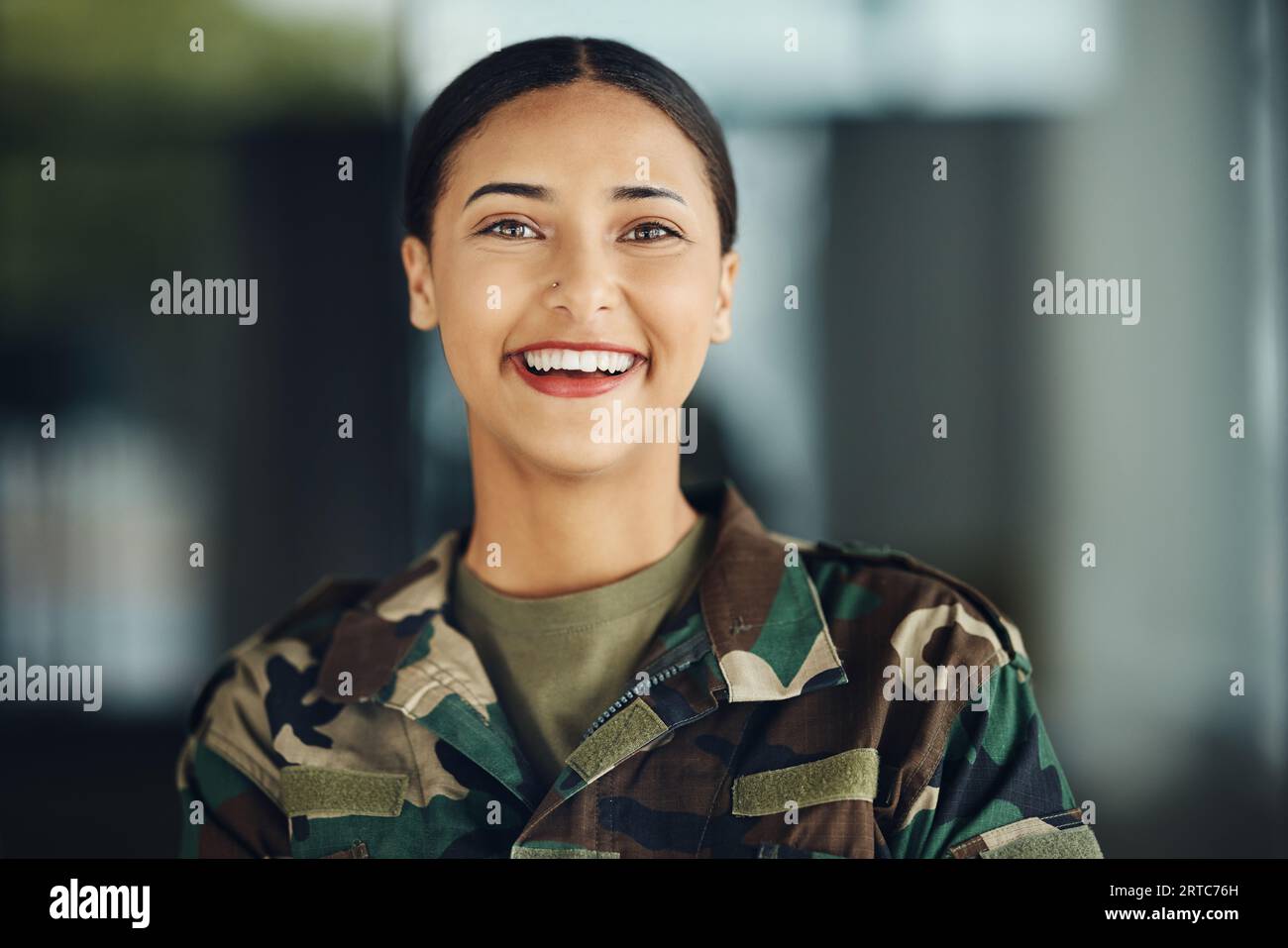 Happy, portrait and a woman in the army for service, war training or ...