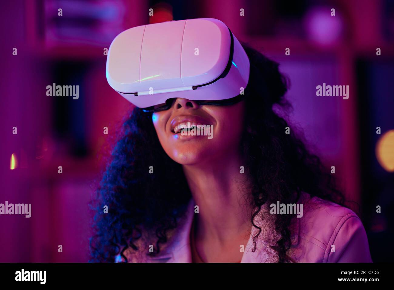 Woman, video and virtual reality, digital world and 3D with future ...