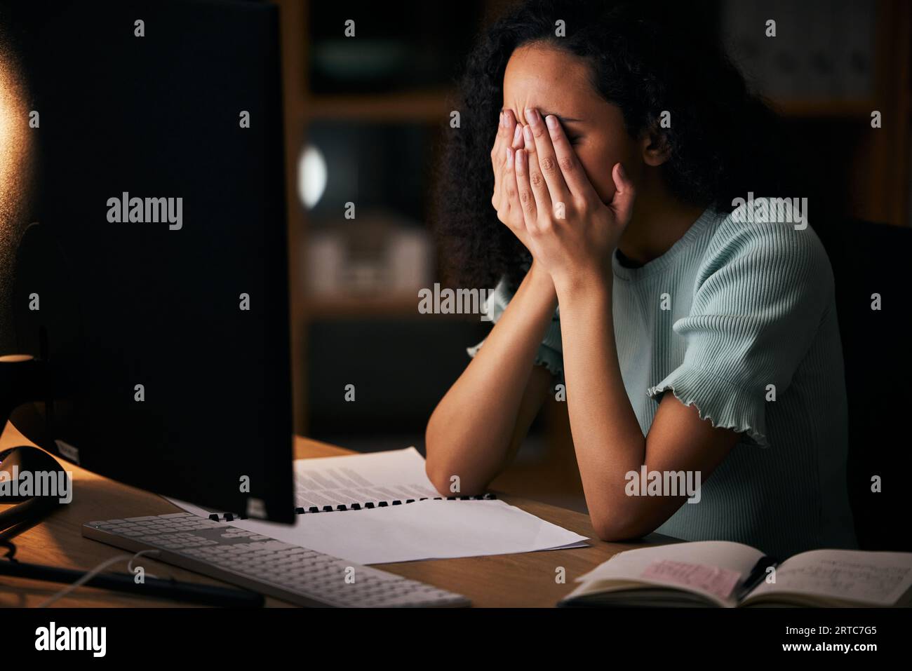 Office woman, sad and tired on computer for night research, marketing ...
