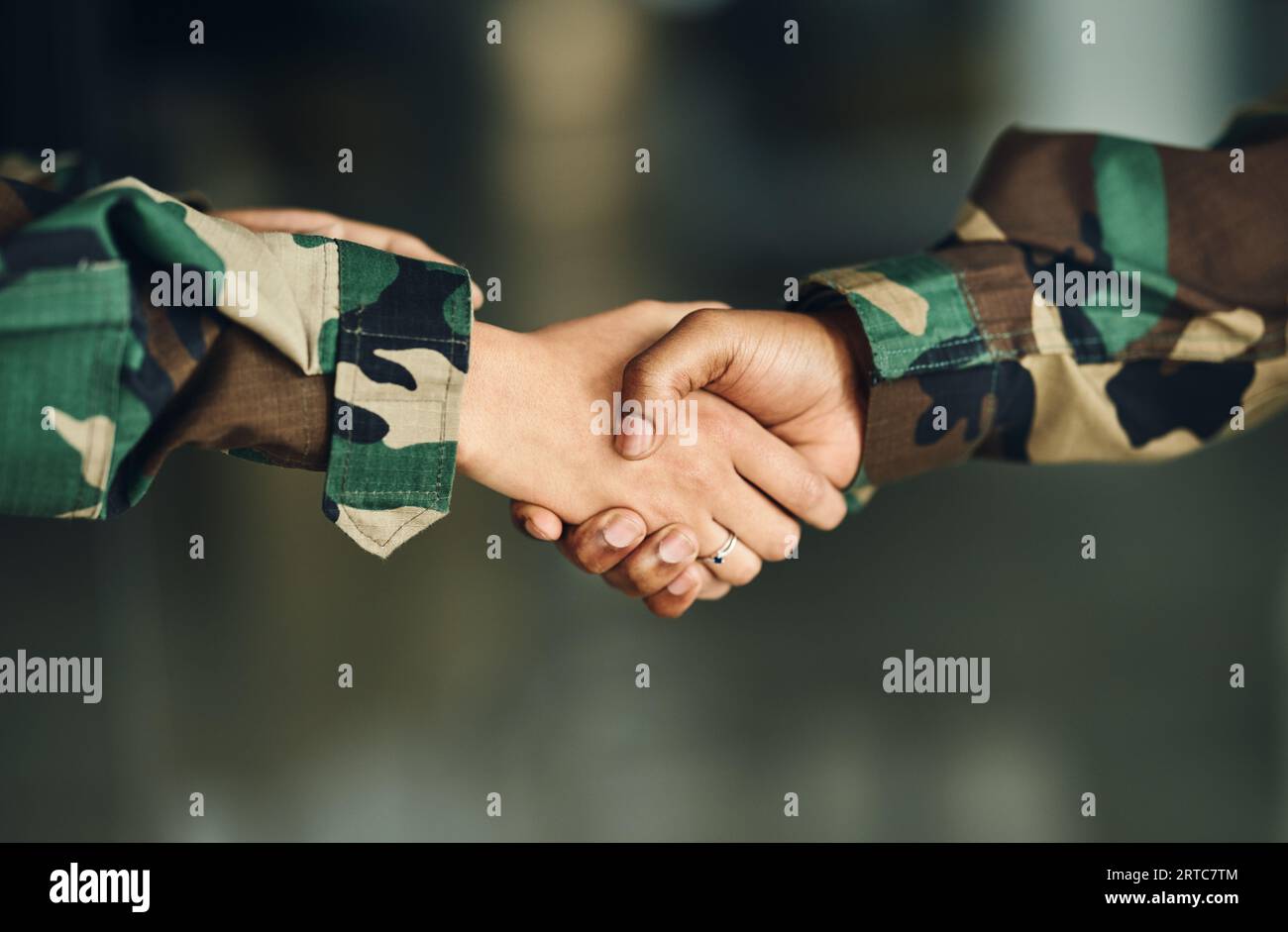Meeting, army or shaking hands for partnership, teamwork or deal in war ...