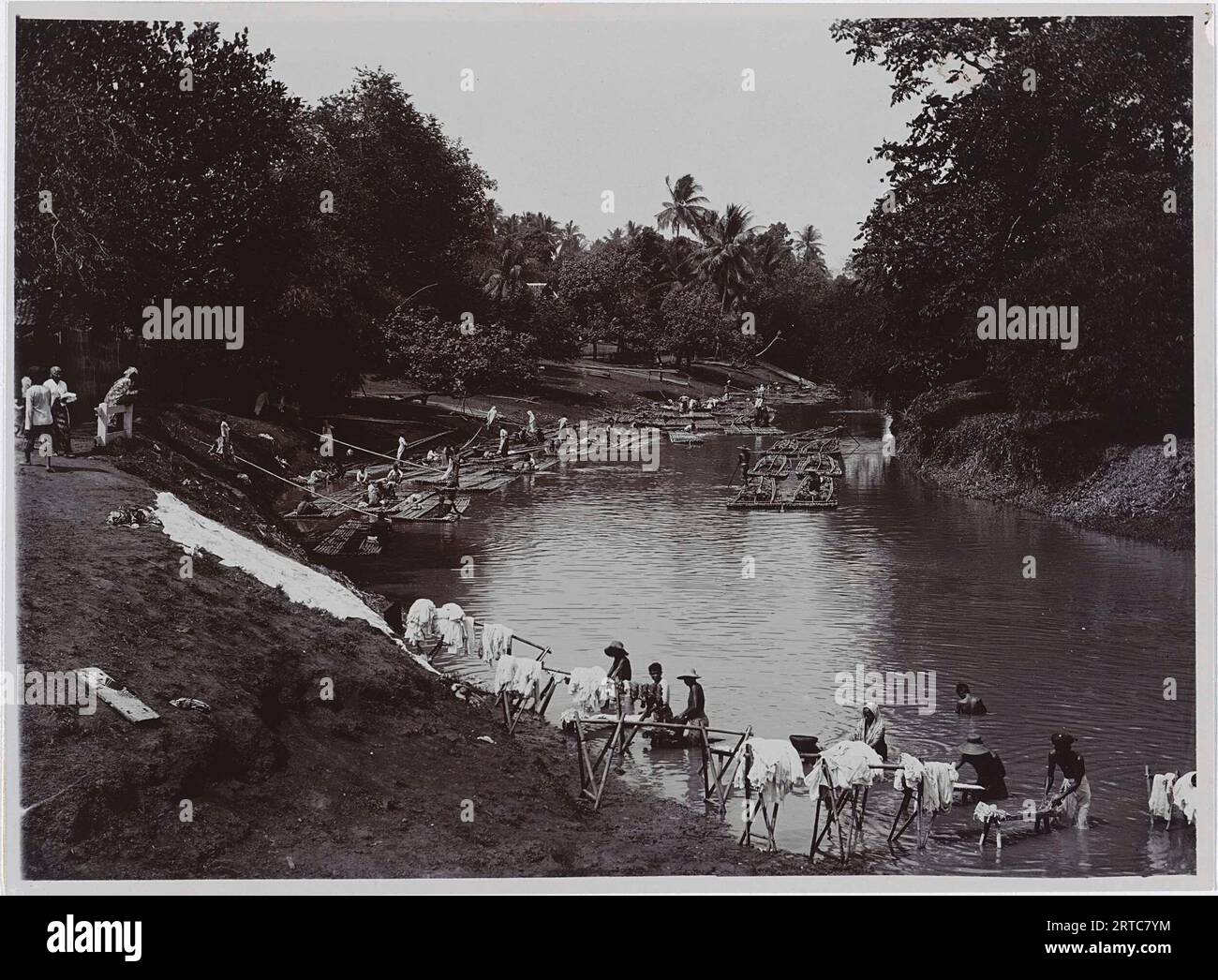Activity on a river in Indonesia with rafts and people washing., Rural Life (possibly), 1900 ...