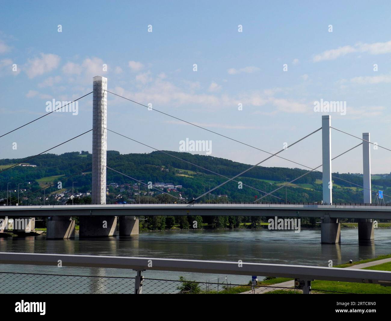 Austria, Highway bridge over the Danube river in Linz, the capital of ...