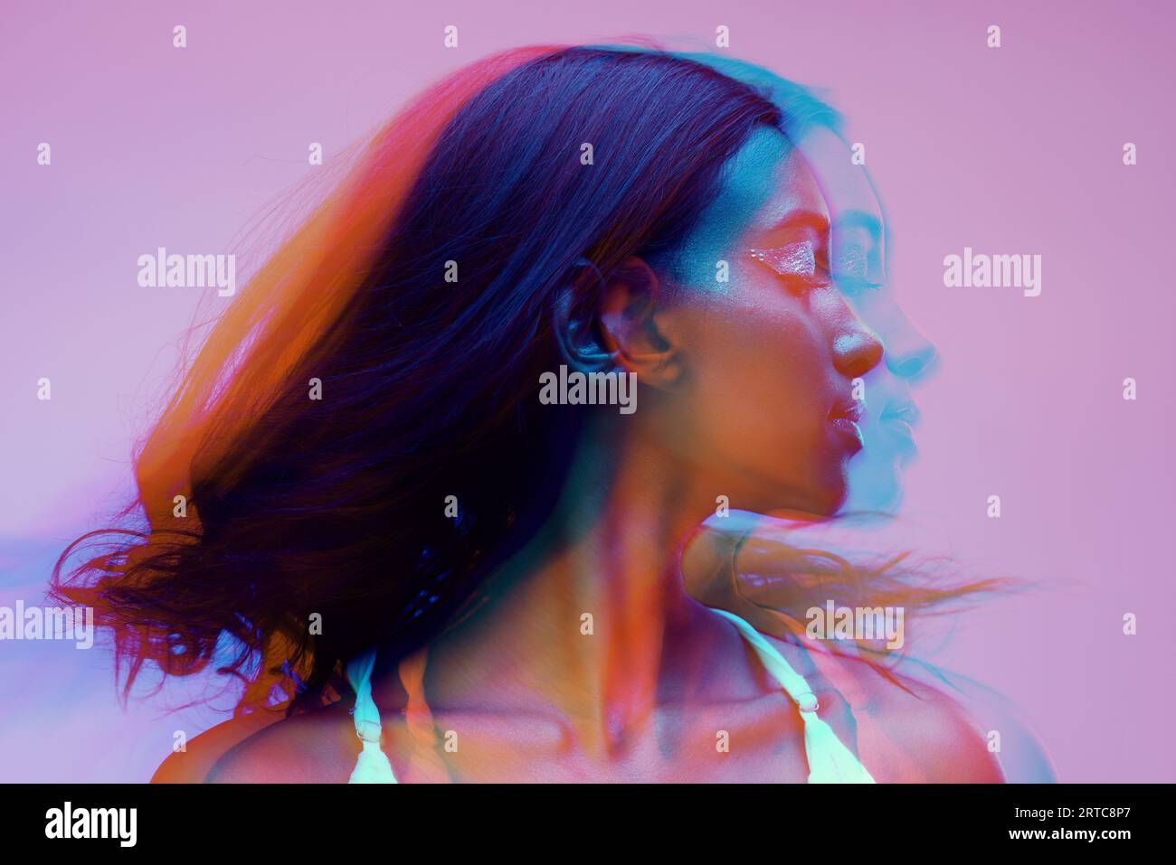 Neon, double exposure and woman with art deco, creative and colog ...