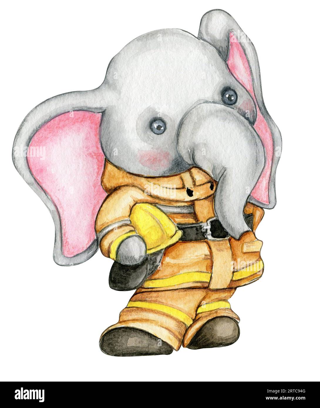 Watercolor Fire elephant in yellow uniform. Watercolor illustration for ...