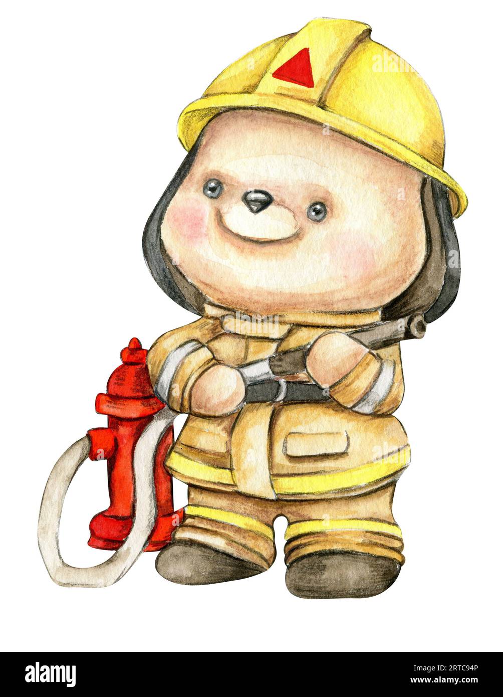 Watercolor Fire dog in yellow uniform. Watercolor illustration for ...