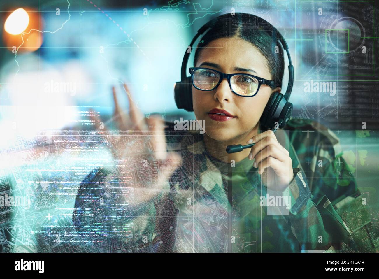 Military, communication and double exposure with a woman user online ...