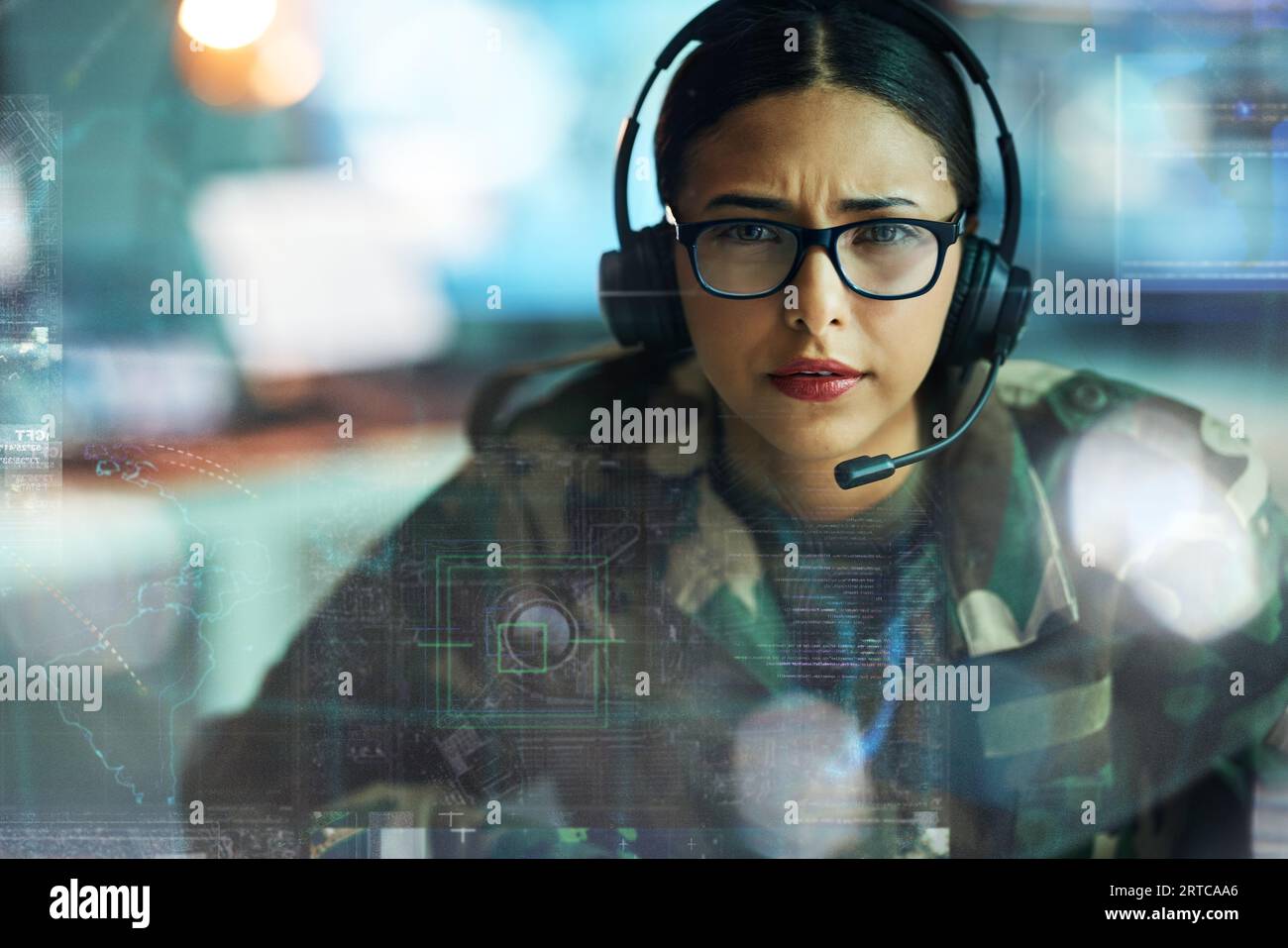 Portrait, army communication and double exposure with a woman user ...