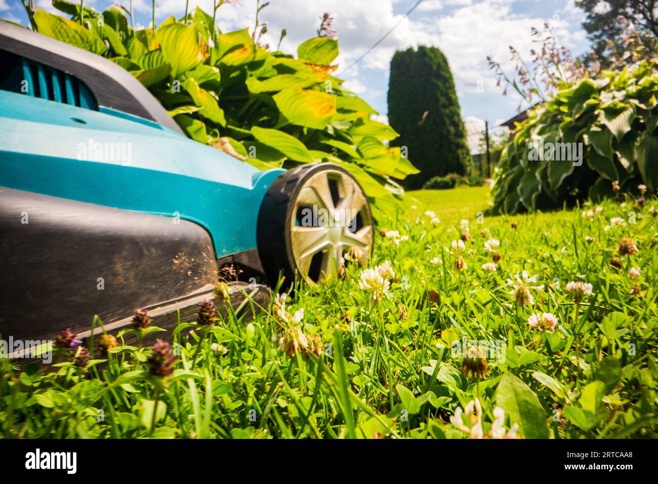 Lawn mover on green grass in modern garden or backyard. Machine for ...