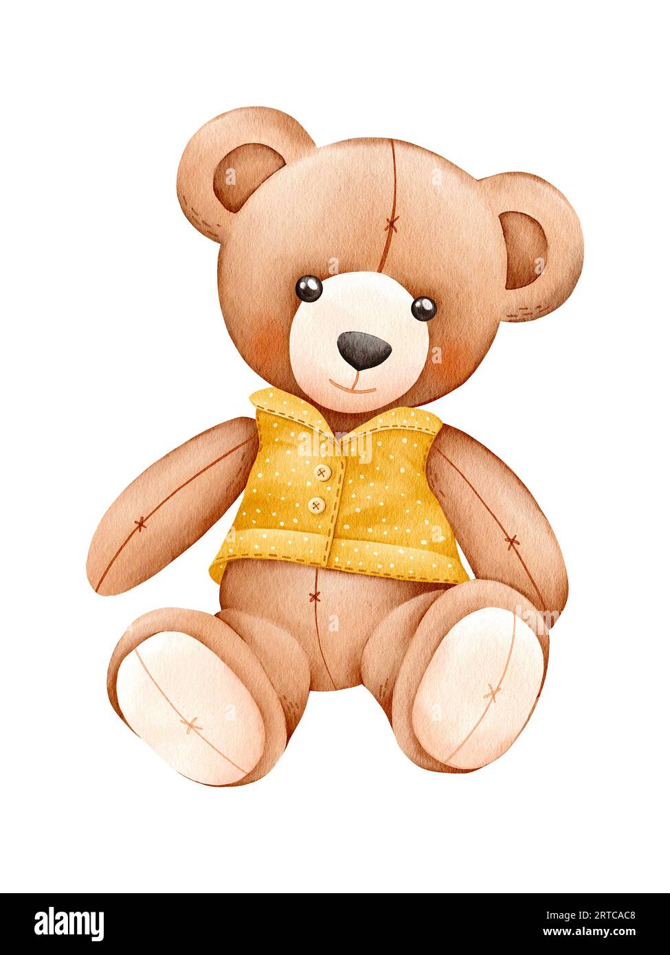 Watercolor cute teddy bear in a yellow blouse. Children's illustration ...