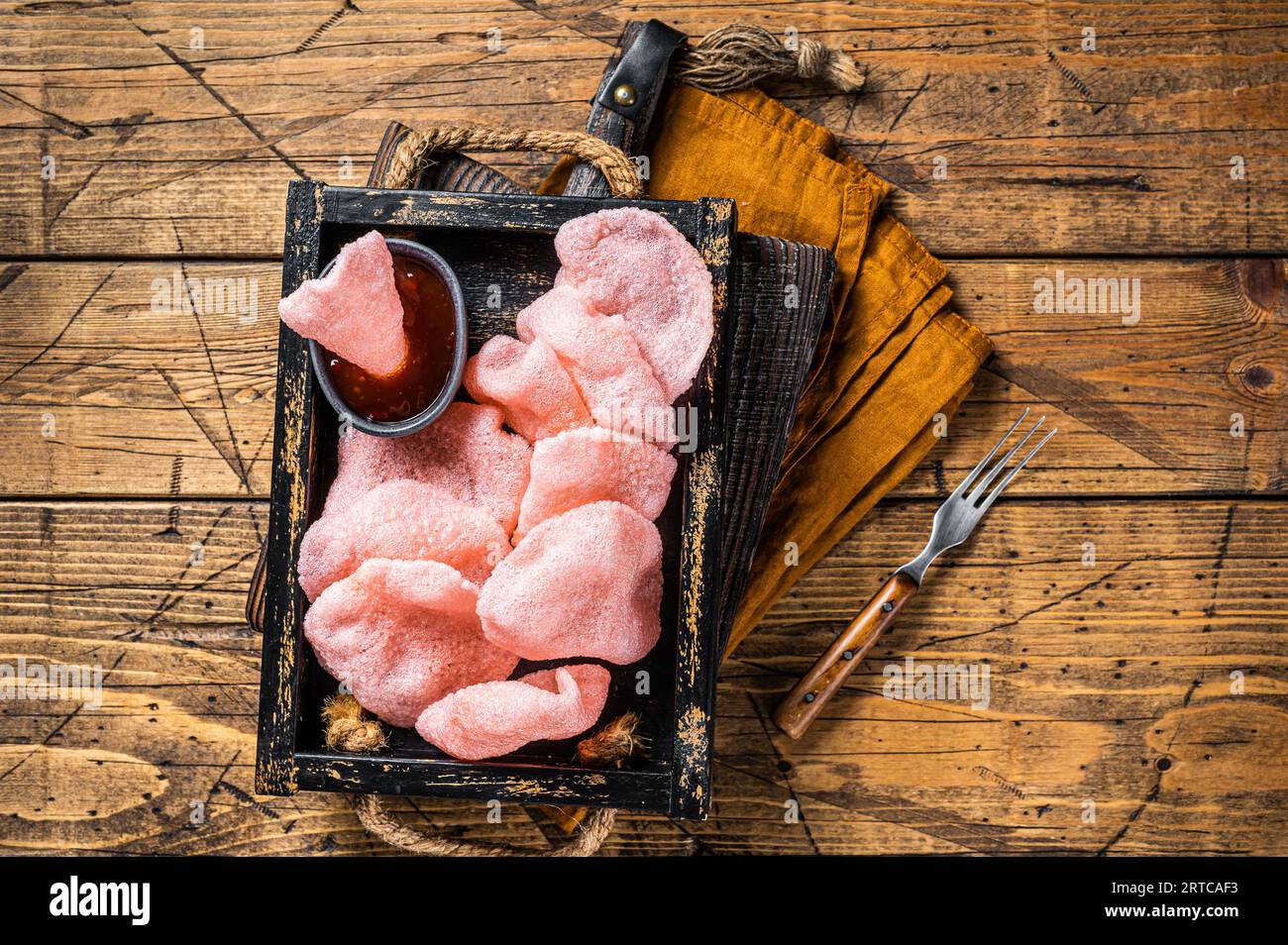 Vietnamese Crunchy kerupuk, prawn shrimp crackers, chips in a box with ...