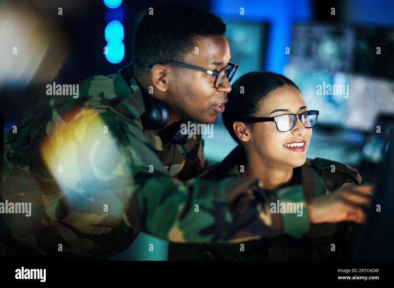 Military, surveillance and people with computer talking in office for ...