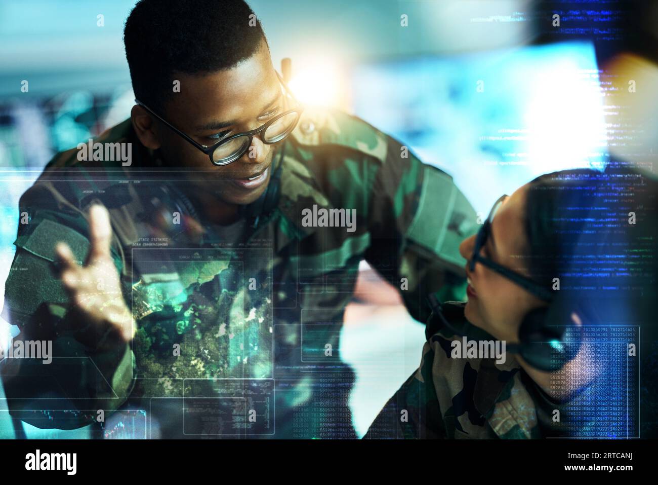 Control room overlay, military and people on computer for surveillance ...