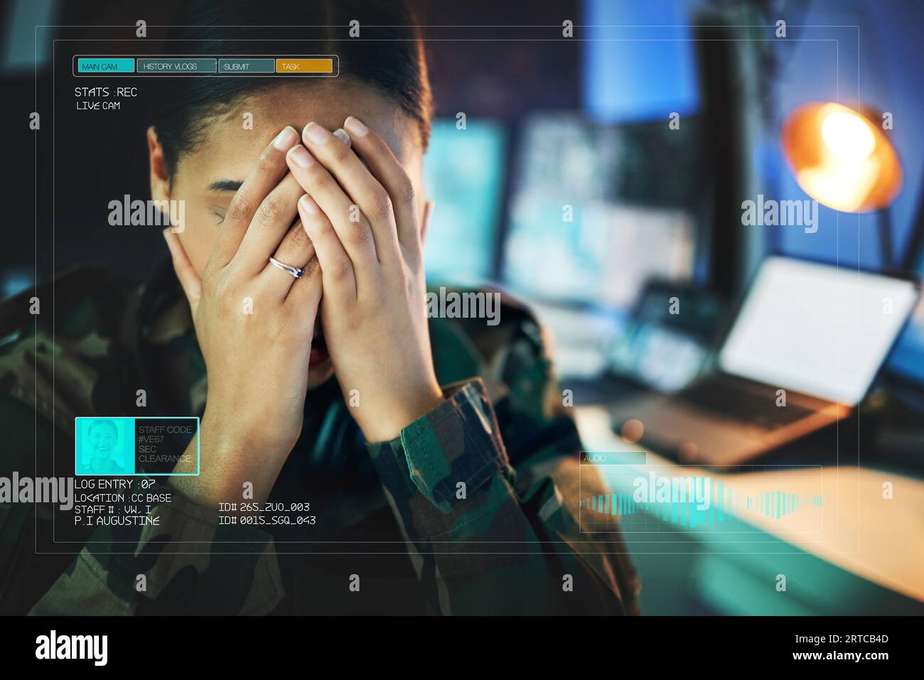 Tired, night and a woman with a profile in the military while sleeping ...