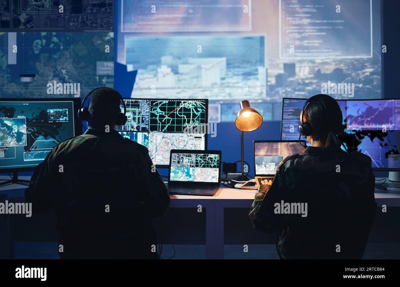 Military control room, computer screen and team with surveillance ...