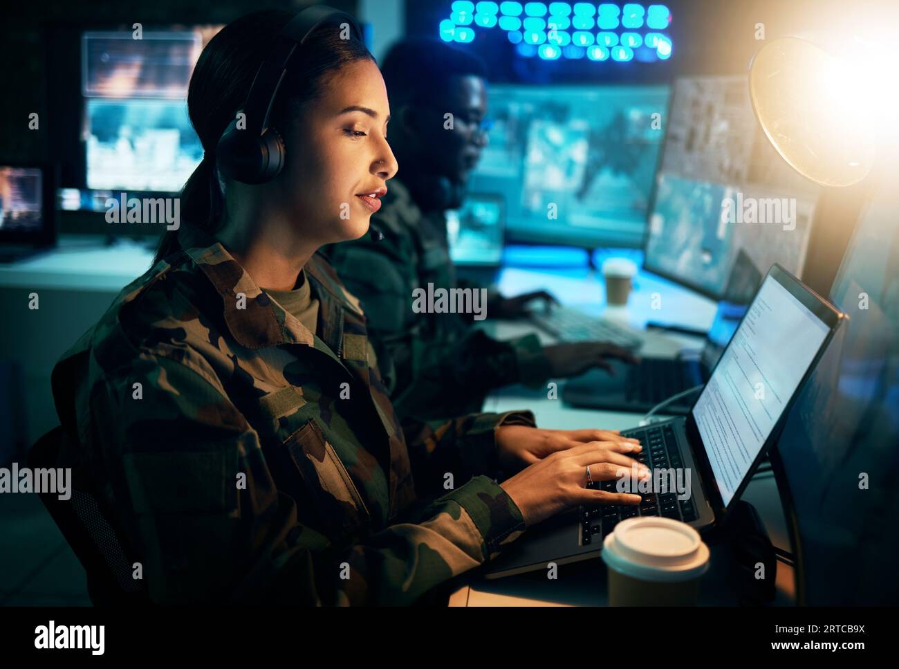 Army command center, laptop and woman in headset, global surveillance ...