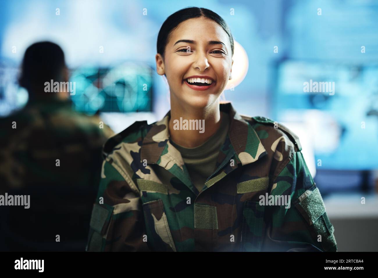 Portrait, smile and a woman in a military control room for strategy as ...