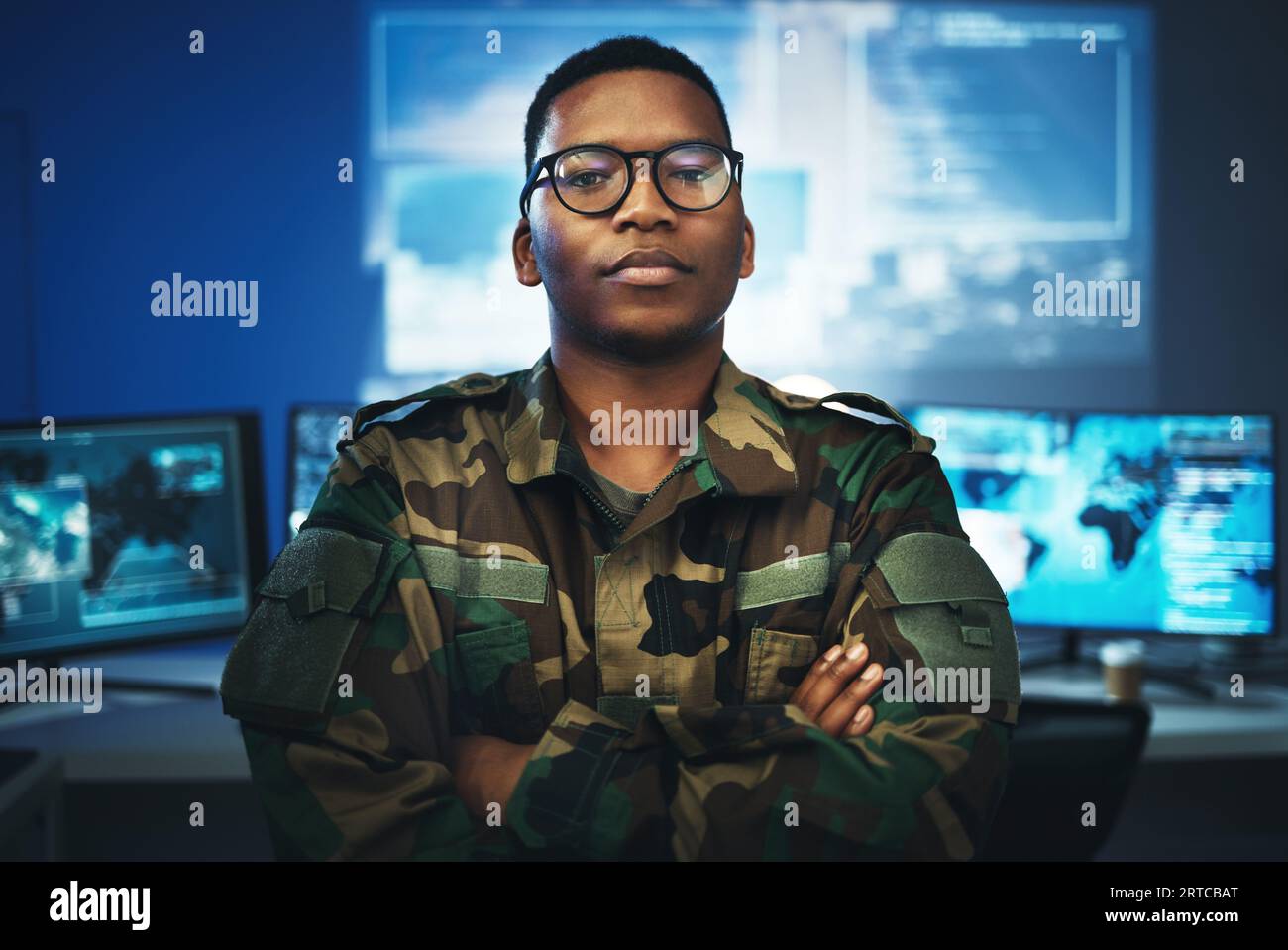 Military, surveillance and portrait of man with arms crossed in ...