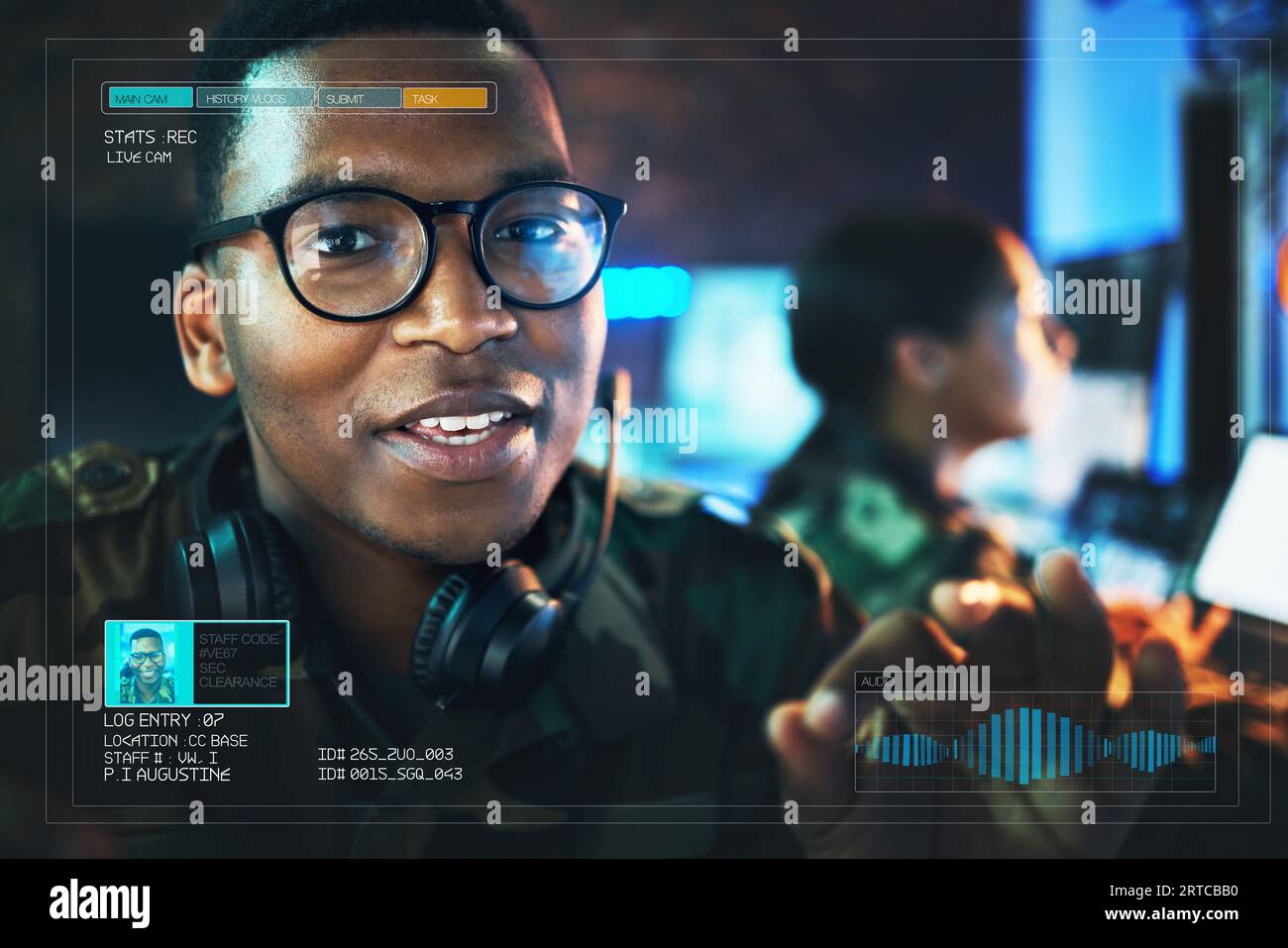 Control room, military and portrait of man on camera for surveillance ...