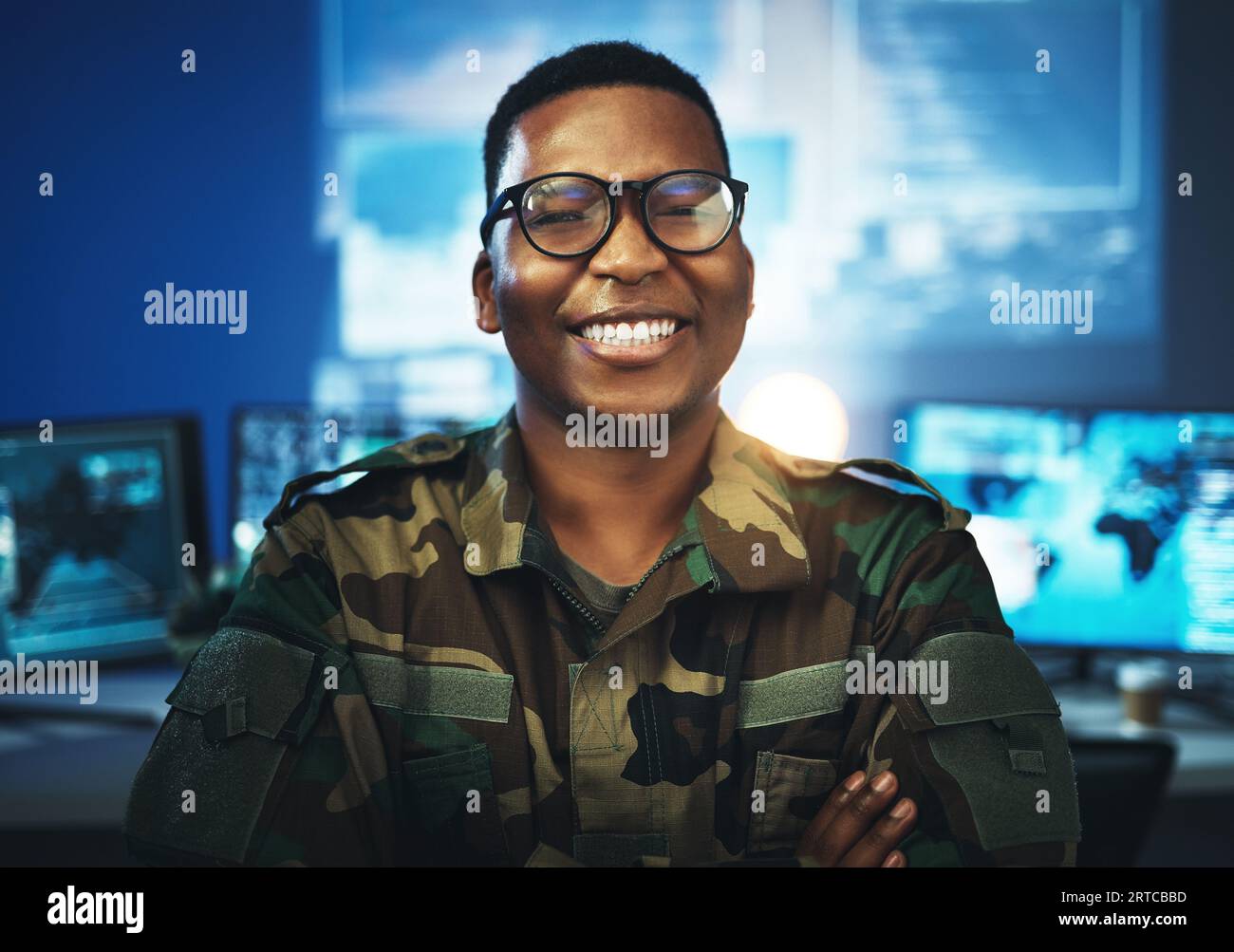Military, surveillance and happy portrait of man with arms crossed in ...