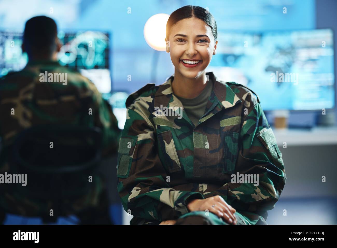 Portrait, smile and a woman in an army control room for strategy as a soldier in uniform during ...