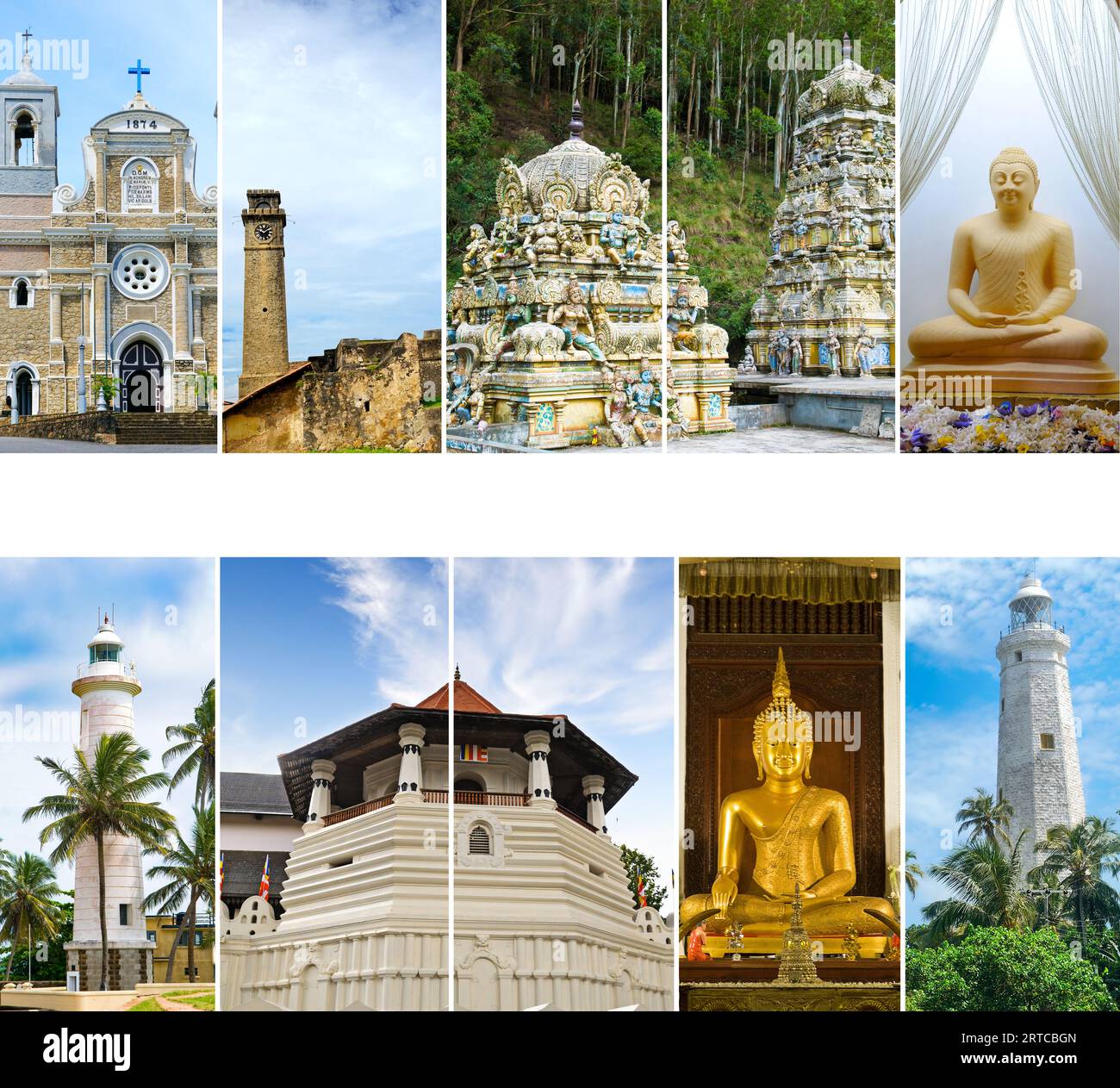 Architectural sights of Sri Lanka: lighthouses, temples, fort. Collage ...