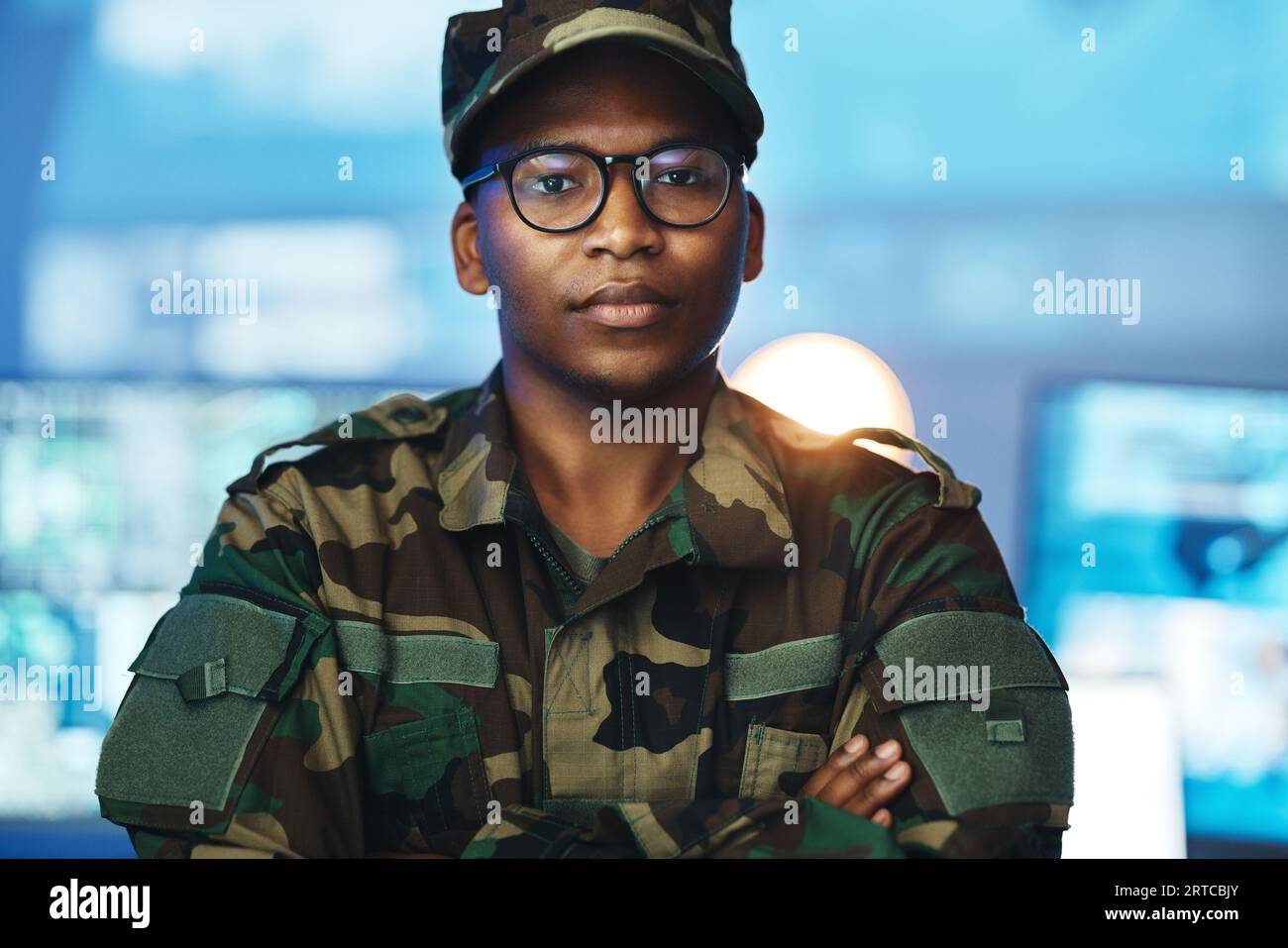 Control room, military and portrait of man for surveillance, tracking ...