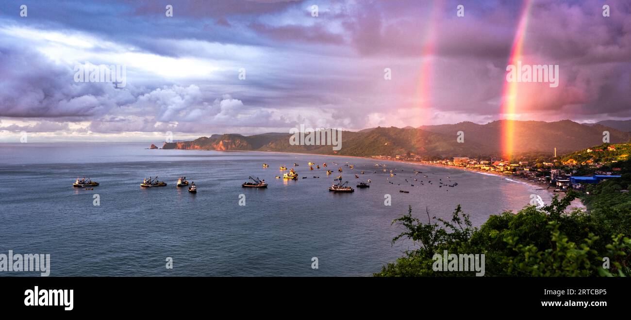 Panoramic 'Double Rainbow', sunset, Bay of Salango, Ecuador Stock Photo ...