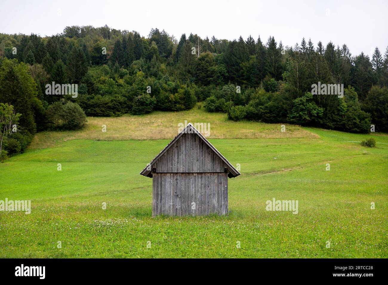 Beautiful tradiitonal wooden farming cottage on a grassy field with ...